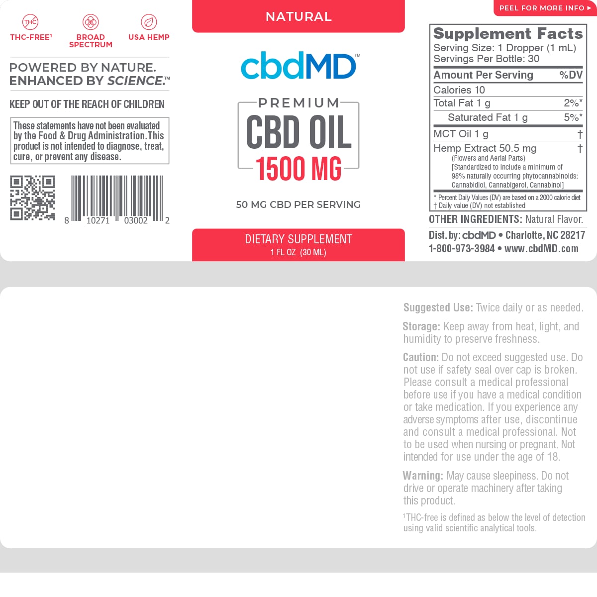 cbdMD, CBD Oil Tincture, Broad Spectrum THC-Free, Natural Flavor, 1oz, 1500mg CBD - CBD.market