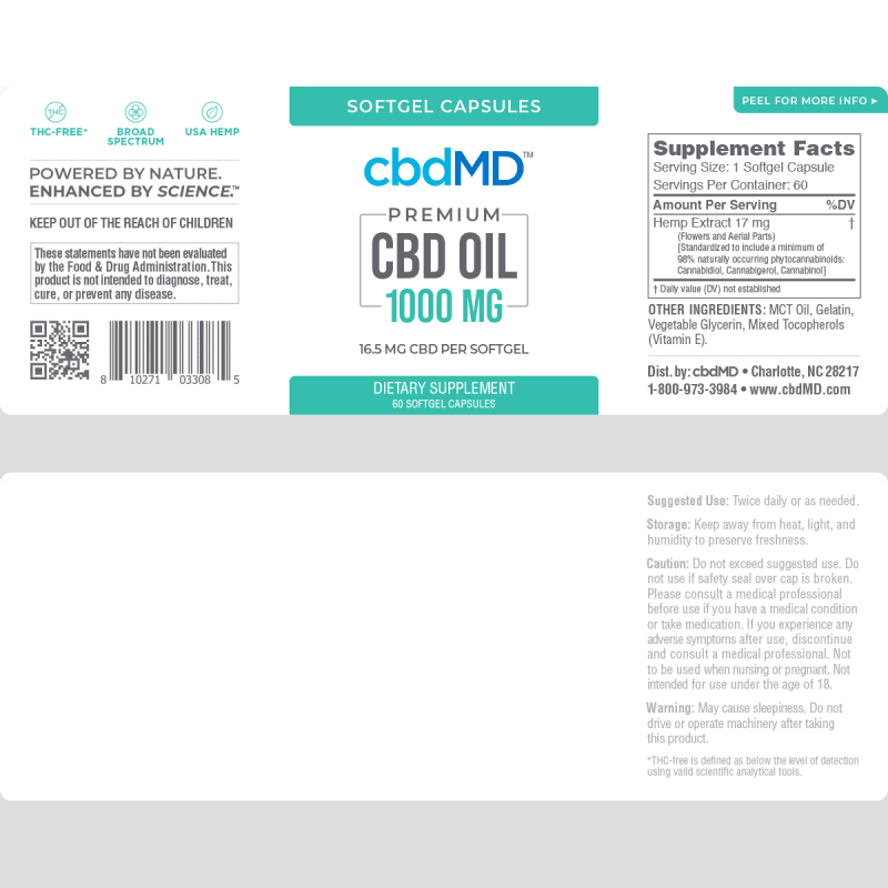 cbdMD, CBD Oil Softgel Capsules, Broad Spectrum THC-Free, 60-Count, 1000mg CBD - CBD.market