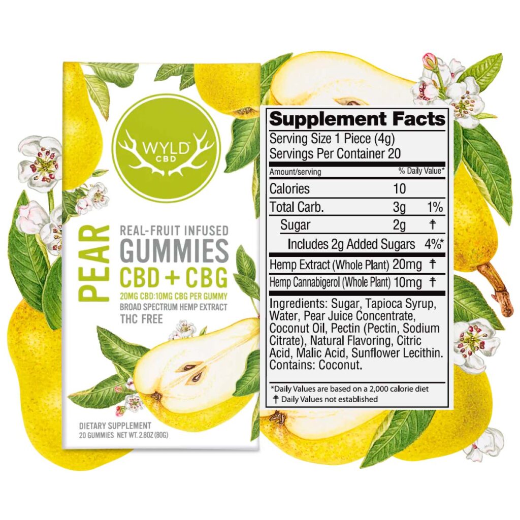 Wyld CBD, Pear Gummies, Broad Spectrum THC-Free, 20ct, 200mg CBG ...