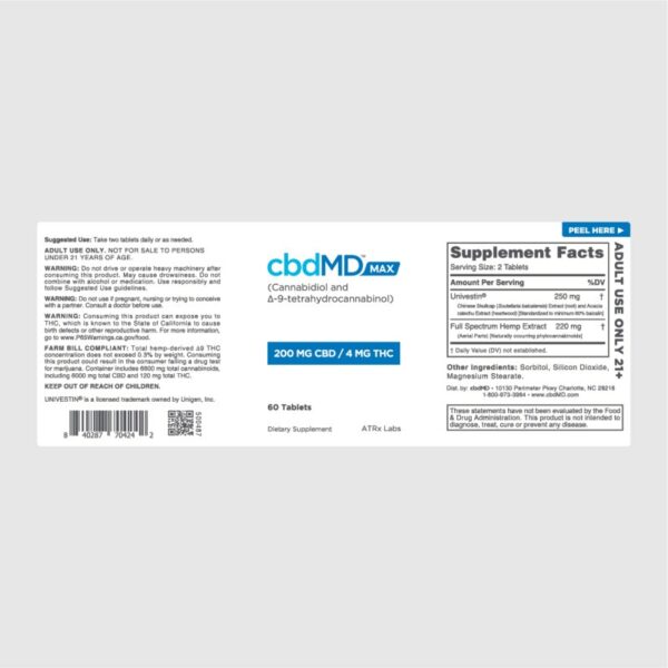 cbdMD, MAX For Pain CBD+THC Tablets, Full Spectrum, 60ct, 120mg THC ...