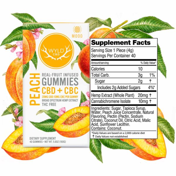 Wyld CBD, Peach Gummies, Broad Spectrum THC-Free, 40ct, 400mg CBC ...