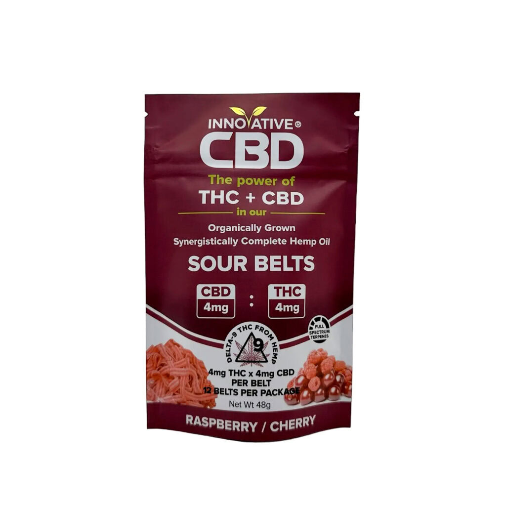 Innovative CBD, Sour Belts 4mg THC + 4mg CBD Gummies, Raspberry Cherry ...